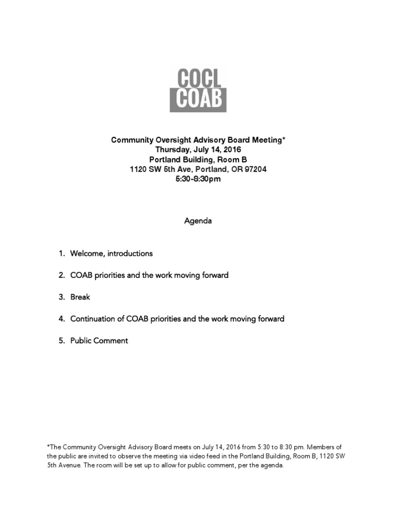 Community Oversight Advisory Board Meeting | PDF