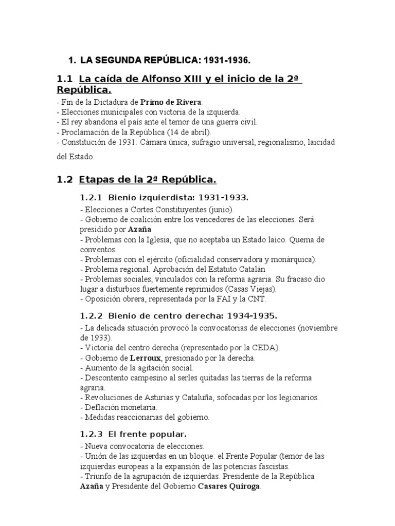 Resumen segunda republica y guerra civil española