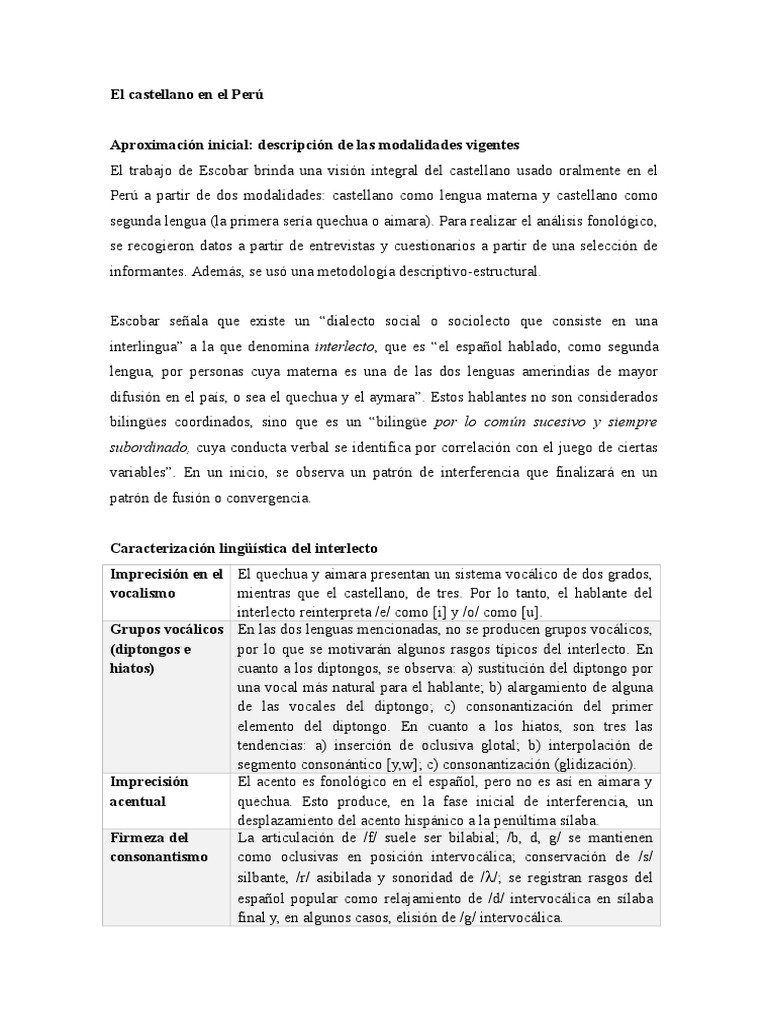 Interlecto: El castellano en el Perú | PDF | Multilingüismo | Lingüística