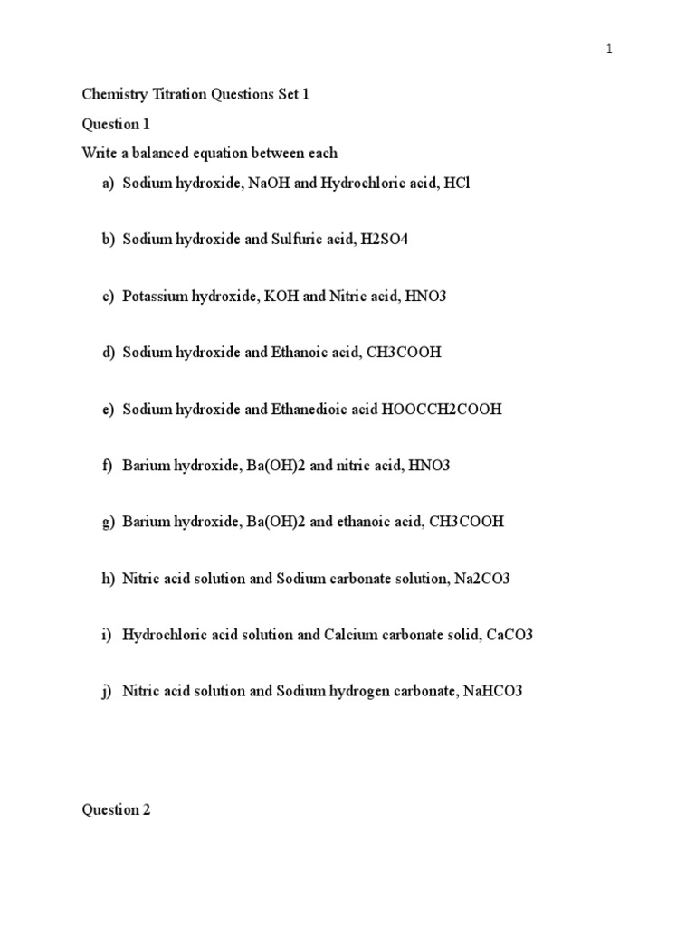 Titration Practice Questions and Solutions | PDF | Acid | Sodium Hydroxide