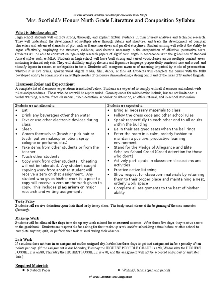 Mrs. Scofield's Honors Ninth Grade Literature and Composition Syllabus ...