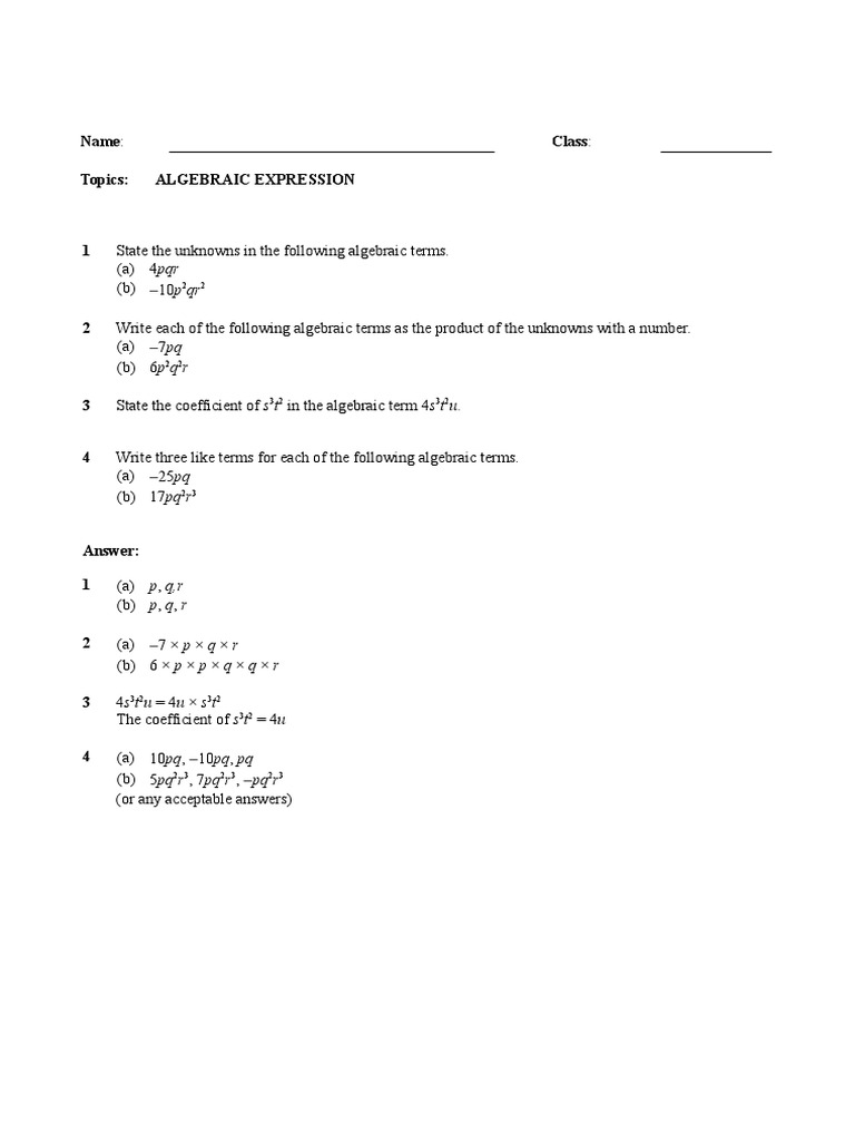Algebraic Expression (Exercises) | PDF