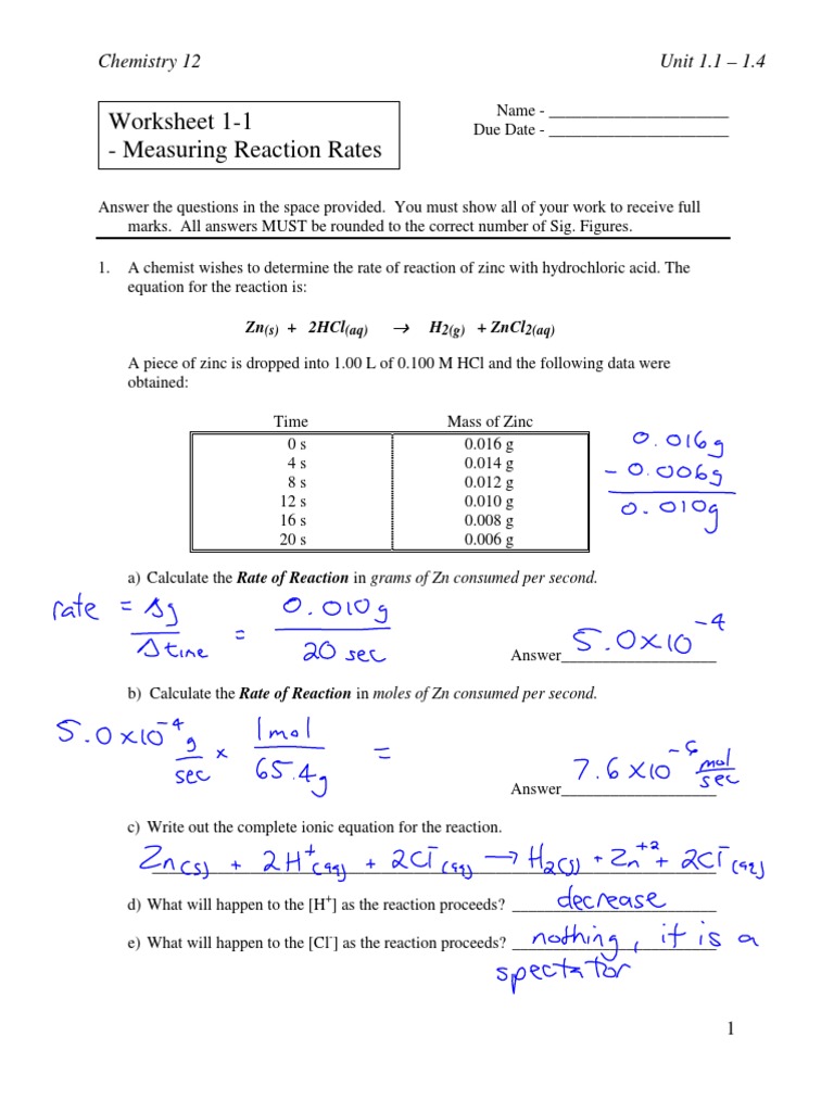 Worksheet 1 - 1 Rate Reaction | PDF | Materials | Physical Chemistry