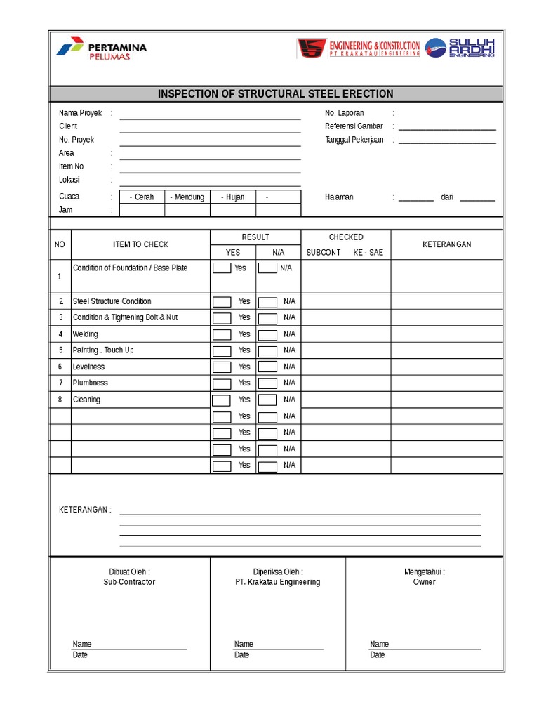 INSPECTION OF STRUCTURAL STEEL ERECTION (Laporan Pekerjaan Civil ...