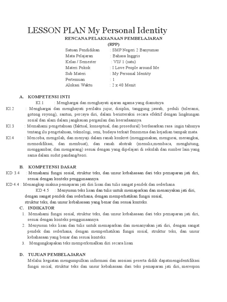 LESSON PLAN My Personal Identity | PDF