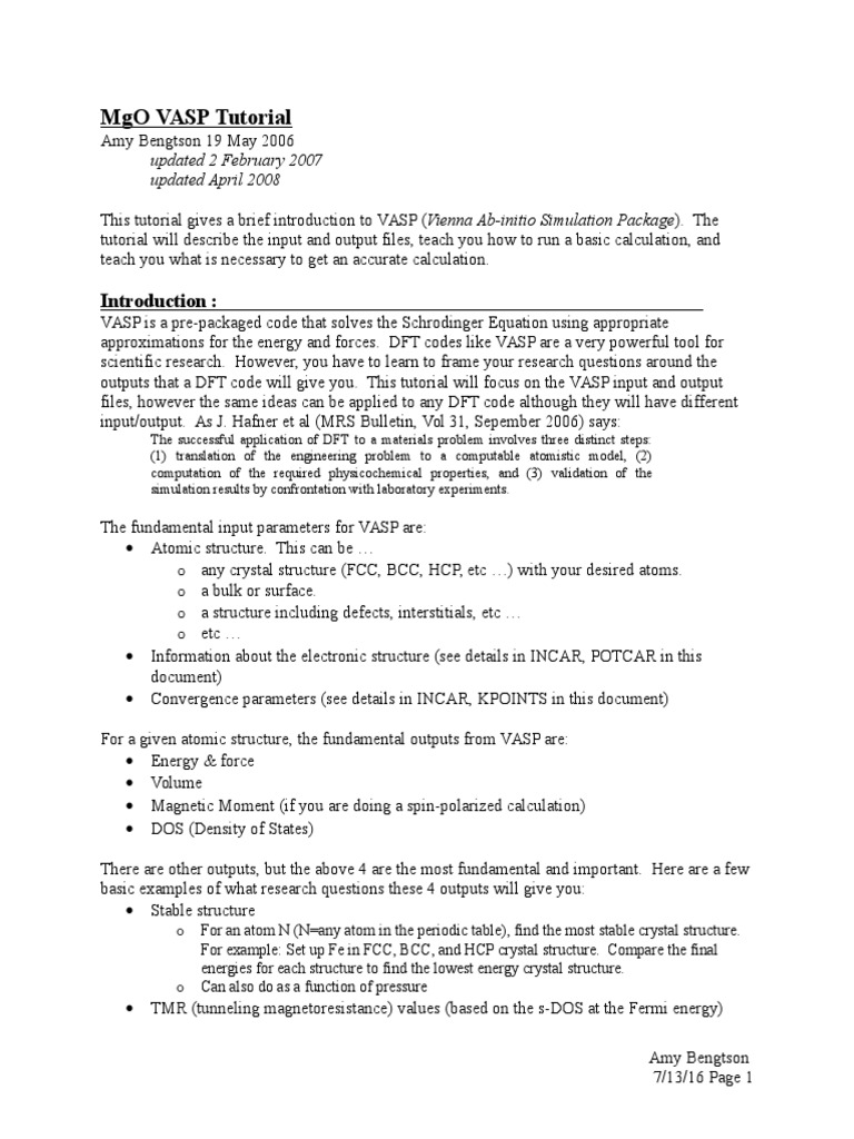 MgO VASP Tutorial | PDF | Crystal Structure | Density Functional Theory