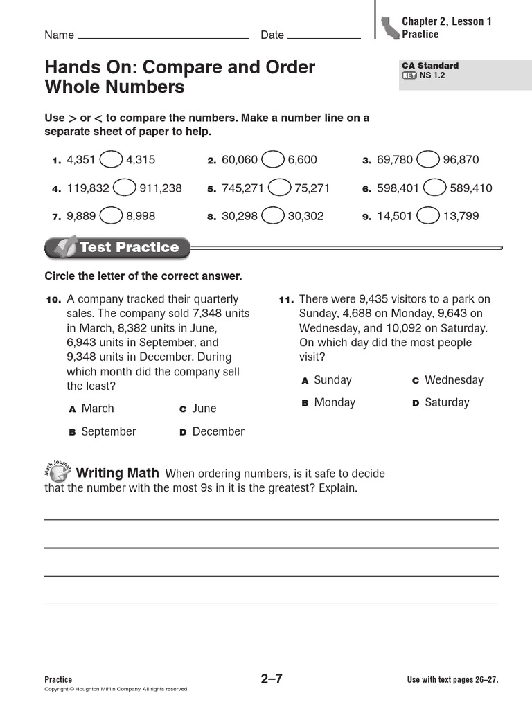 Compare and Order Whole Numbers Practice | PDF | Home & Garden