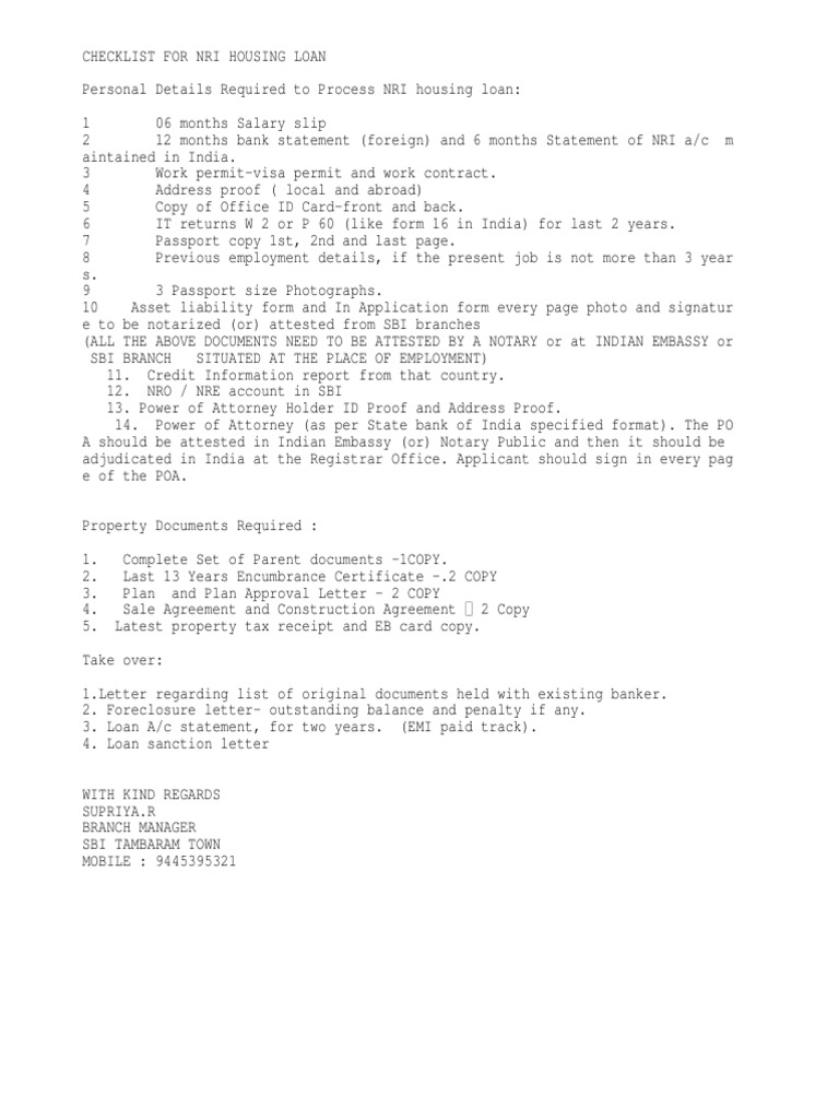 NRI Home Loan Document Checklist SBI | PDF