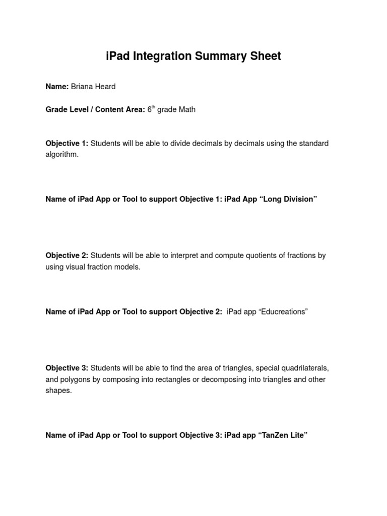 Briananheard Ipad Integration Summary Sheet | PDF | Career & Growth
