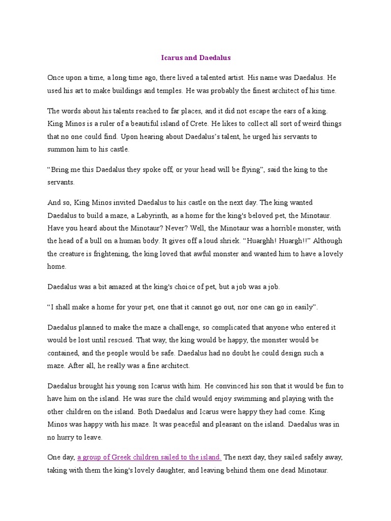 Icarus and Daedalus Storytelling Script | PDF | Minotaur | Labyrinth