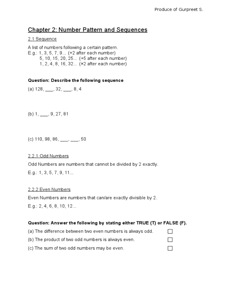 Chapter 2: Number Pattern & Sequence (Notes & Exercise) | PDF | Prime ...