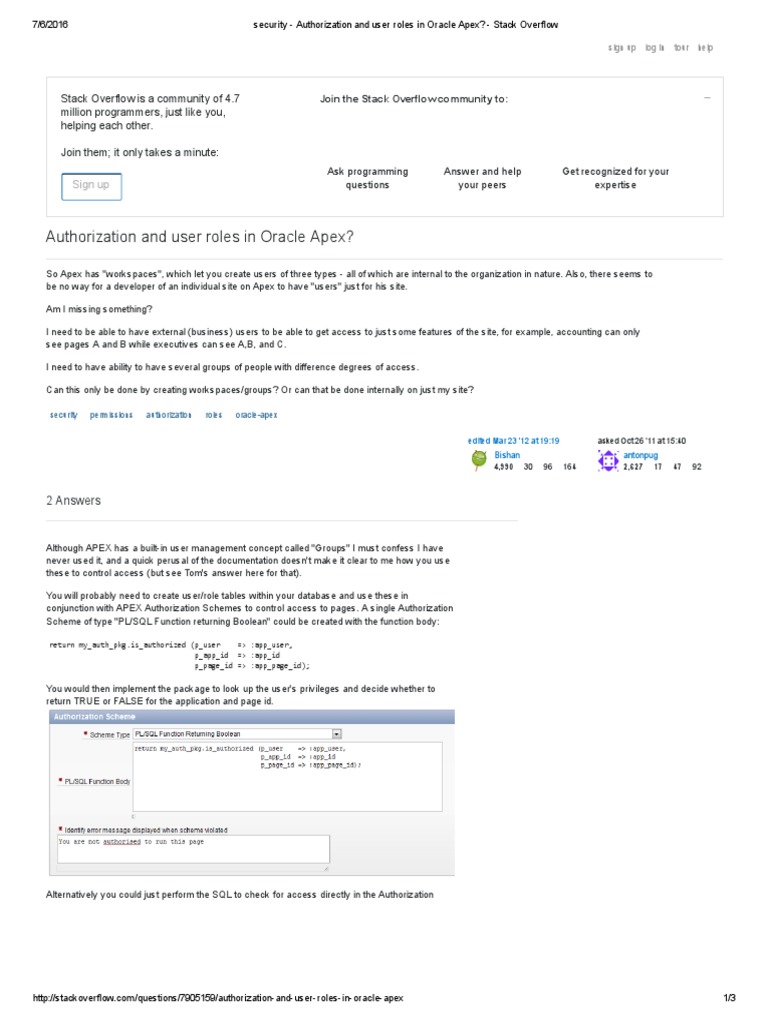Security - Authorization and User Roles in Oracle Apex - Stack Overflow PDF | PDF | Pl/Sql | Sql