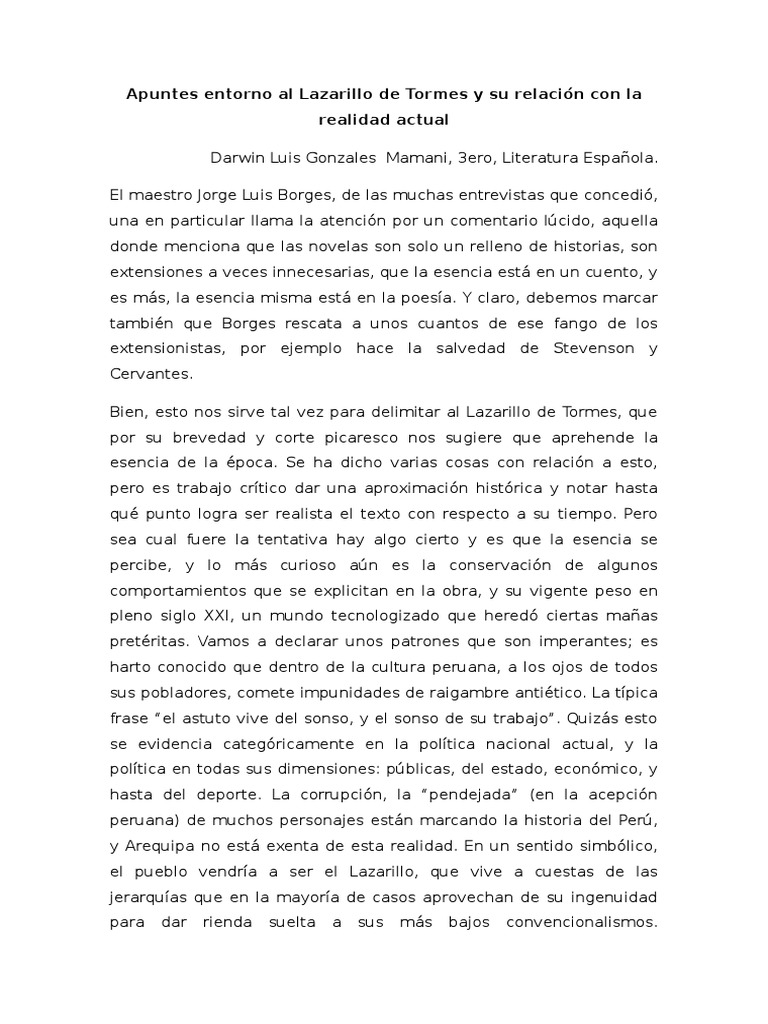 Apuntes Entorno Al Lazarillo de Tormes y Su Relación Con La Realidad ...