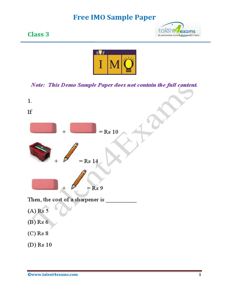 Free IMO Sample Paper: Class 3 | PDF | Teaching Mathematics