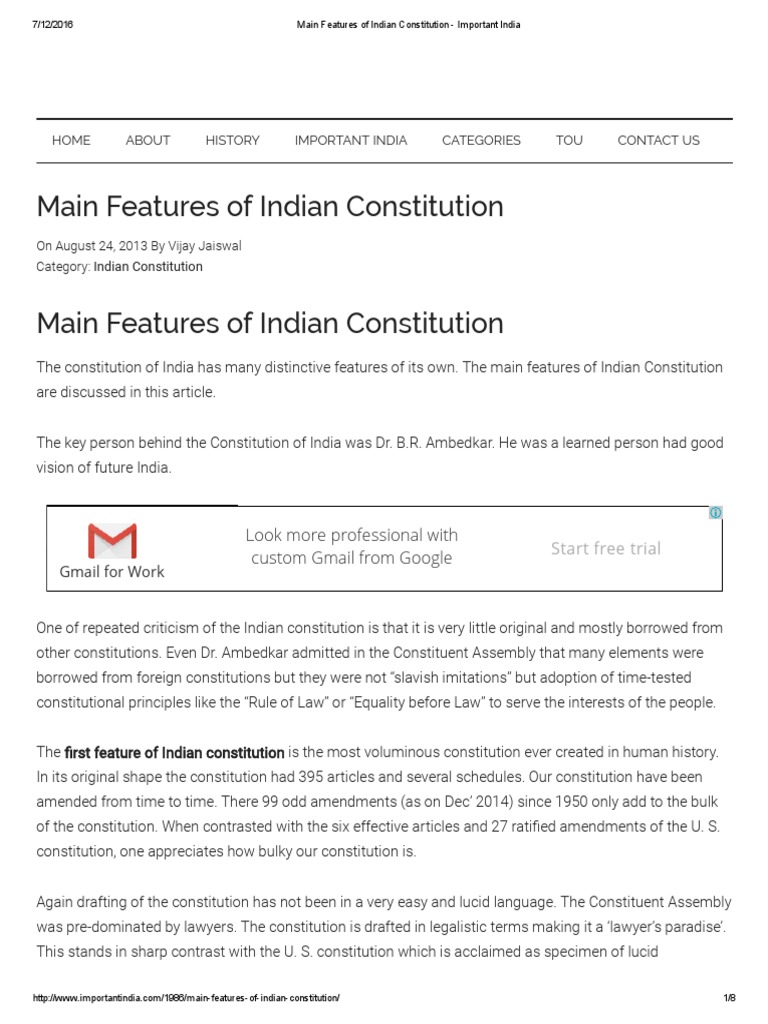 Main Features of Indian Constitution - Important India PDF | PDF ...