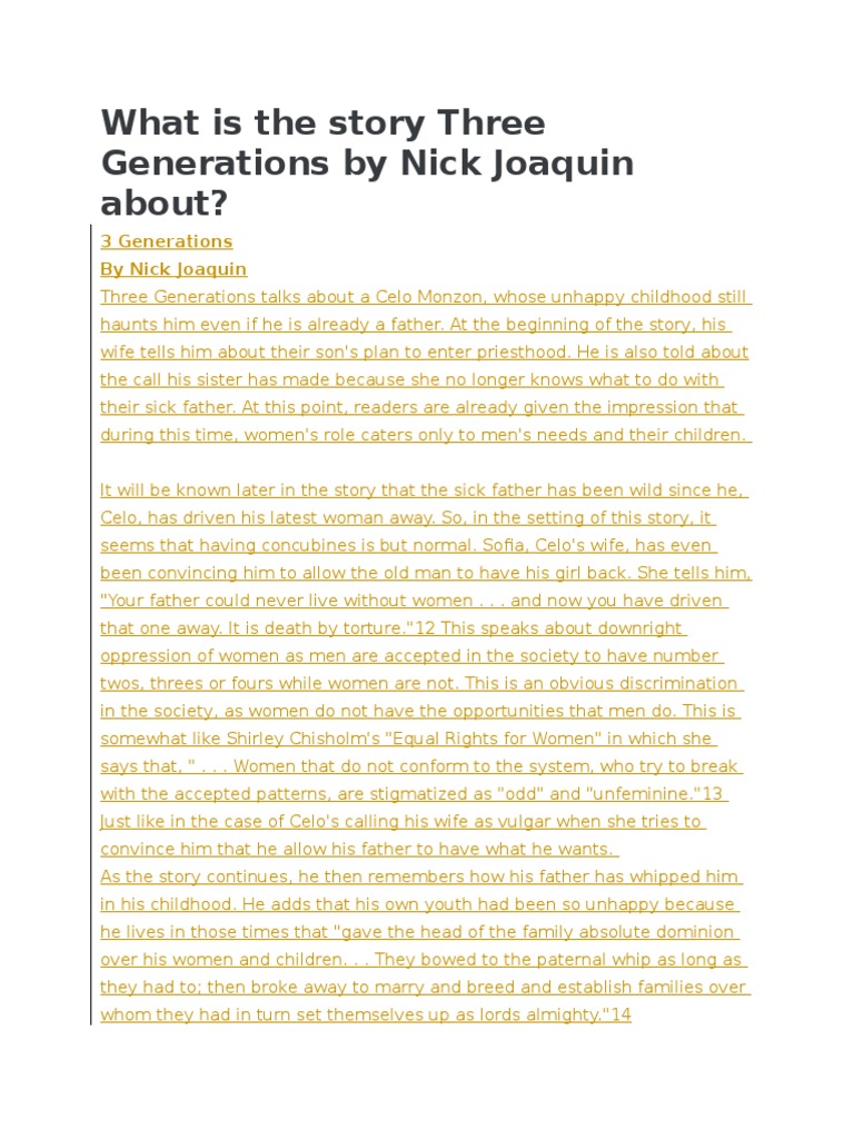 What Is The Story Three Generations by Nick Joaquin About | PDF