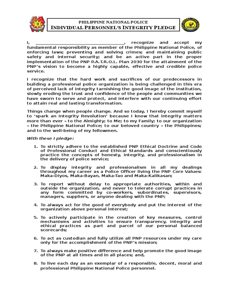 PNP Individual Integrity Pledge | PDF | Integrity | Police