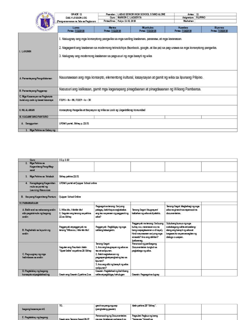 1st Week FILIPINO DLL Format New | PDF