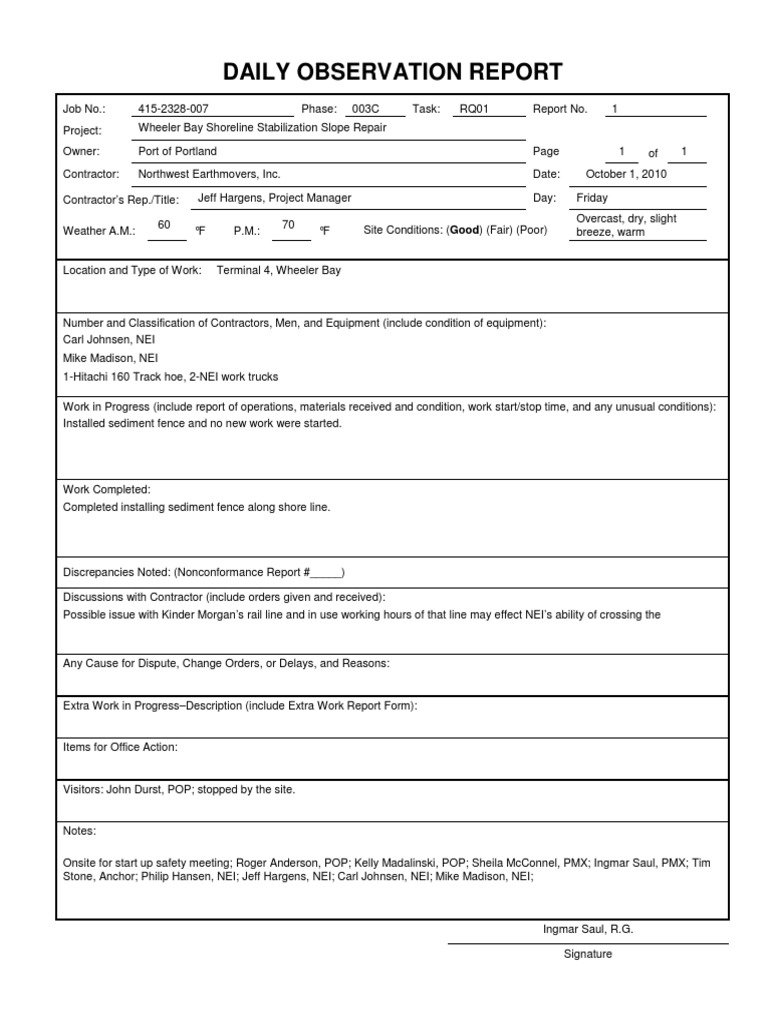 DAILY OBSERVATION REPORT.pdf | Heavy Equipment | Anchor | Free 30-day ...