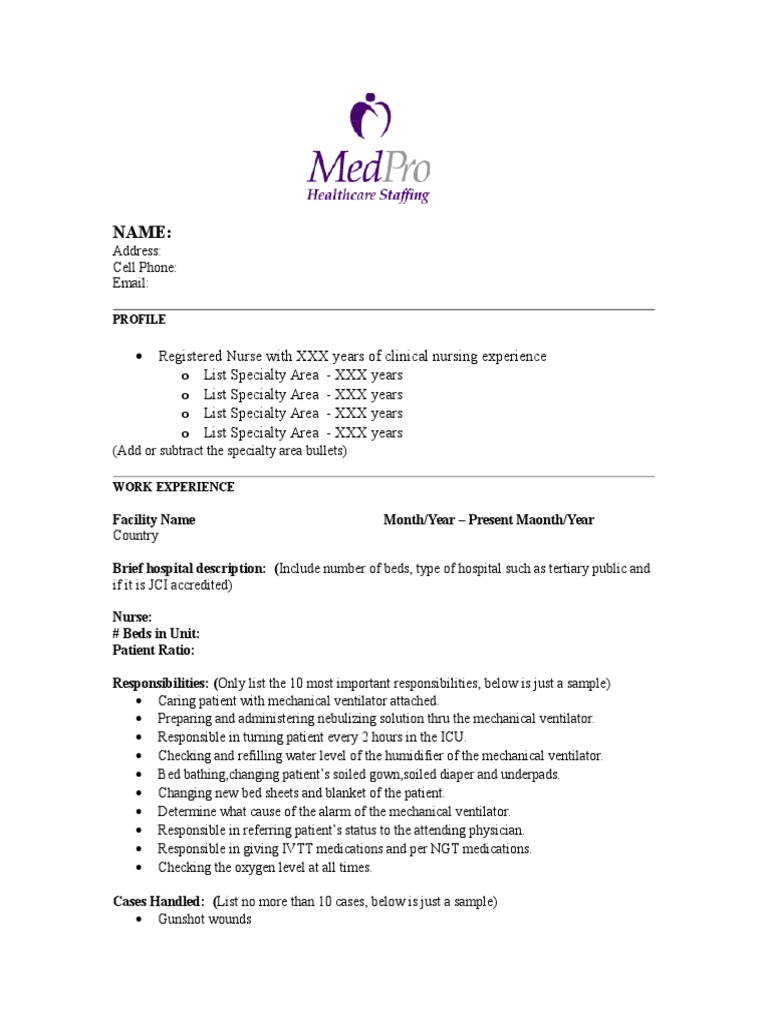 Revised MedPro International Nursing Resume Template | Intensive Care ...