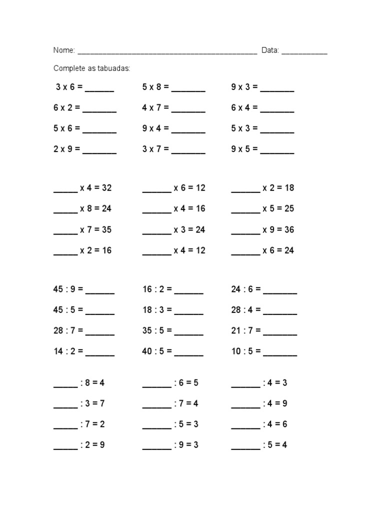 Tabuada Exercícios | PDF