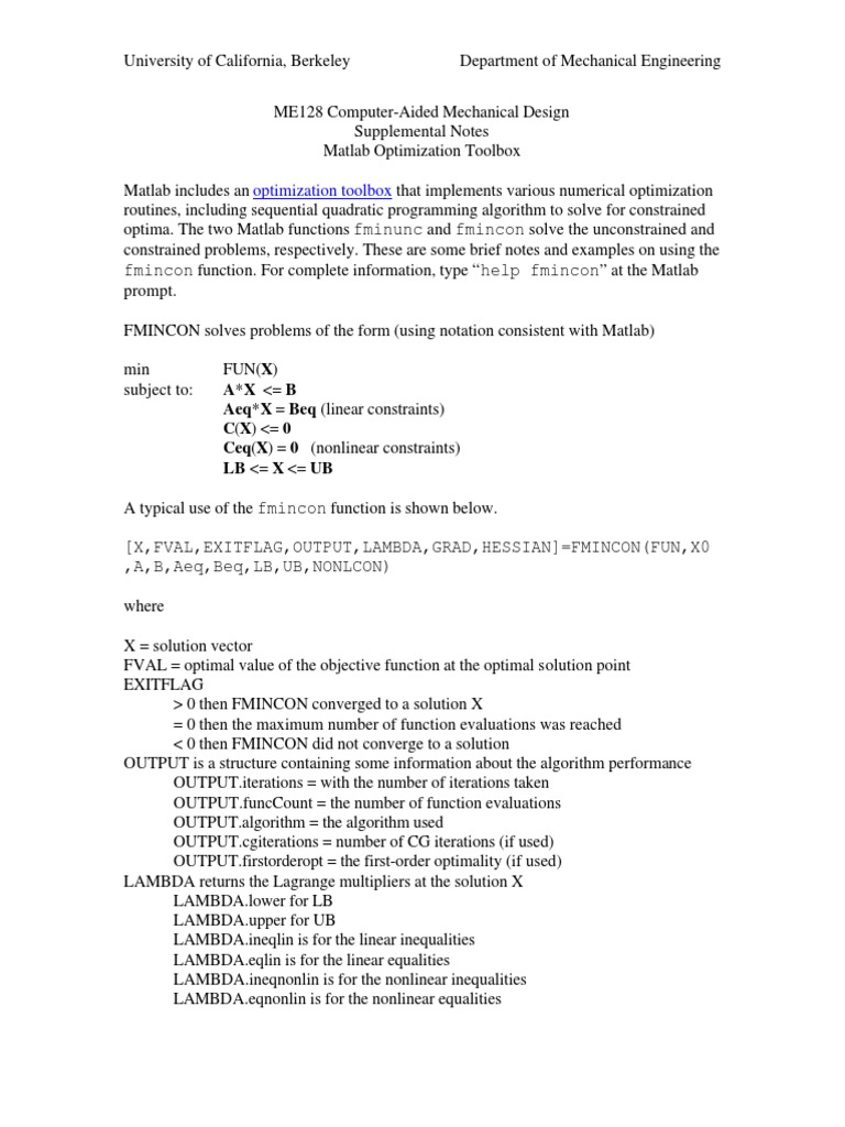Me128 Optimization Toolbox Notes Pdf Mathematical Optimization