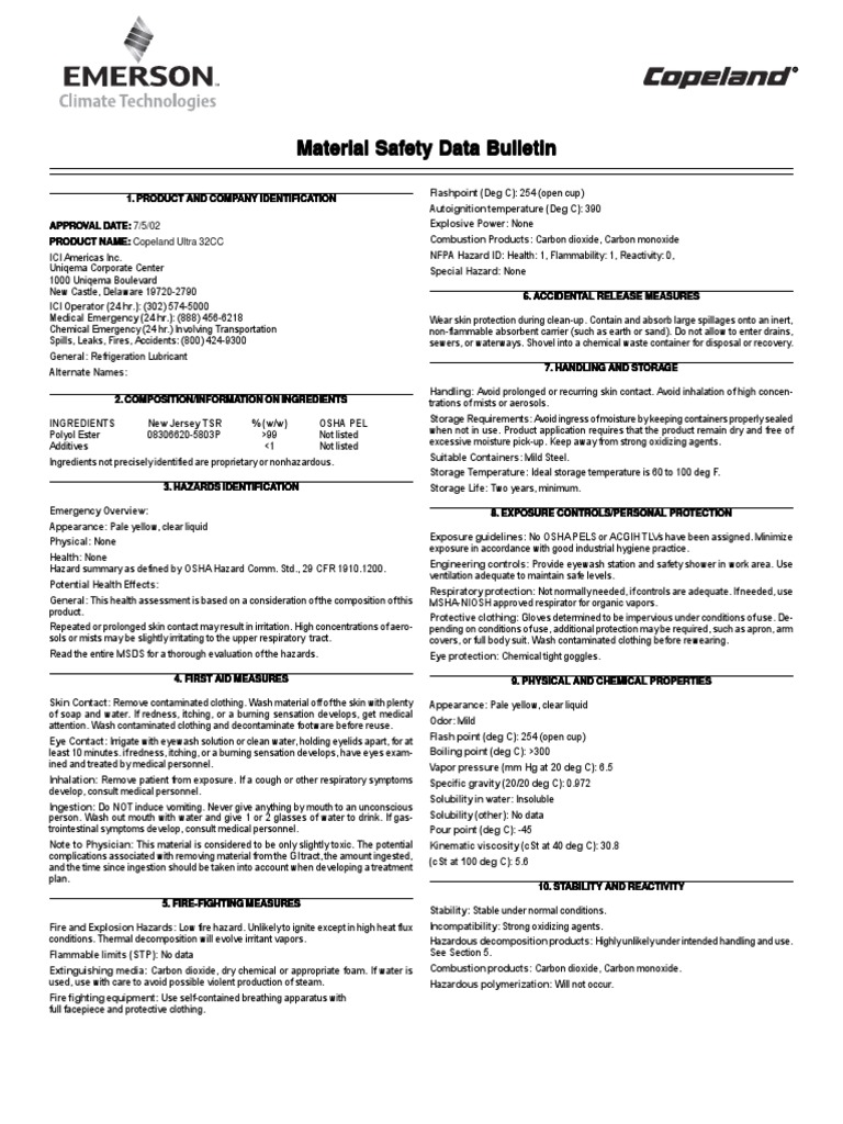 Copeland Ultra 32-3MAF Safety Data Sheet | PDF