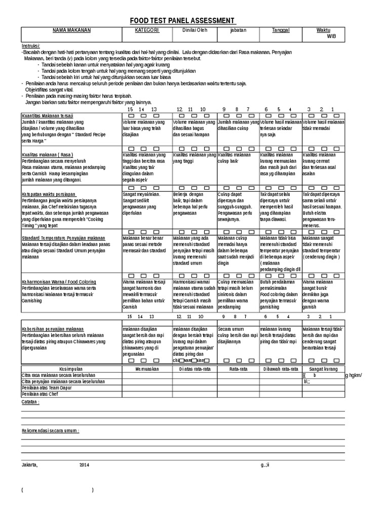 Form Food Test Panel-1 | PDF | Memasak, Makanan, & Anggur