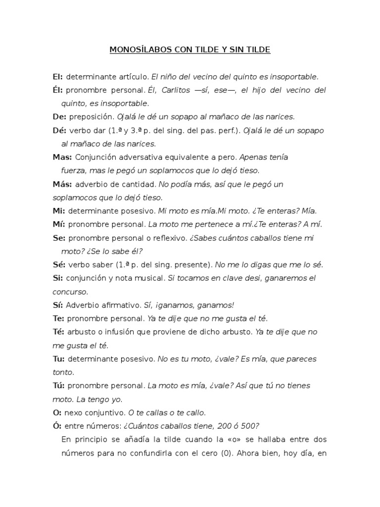 Monosílabos con tilde y sin tilde: una guía detallada | PDF | Tipología ...