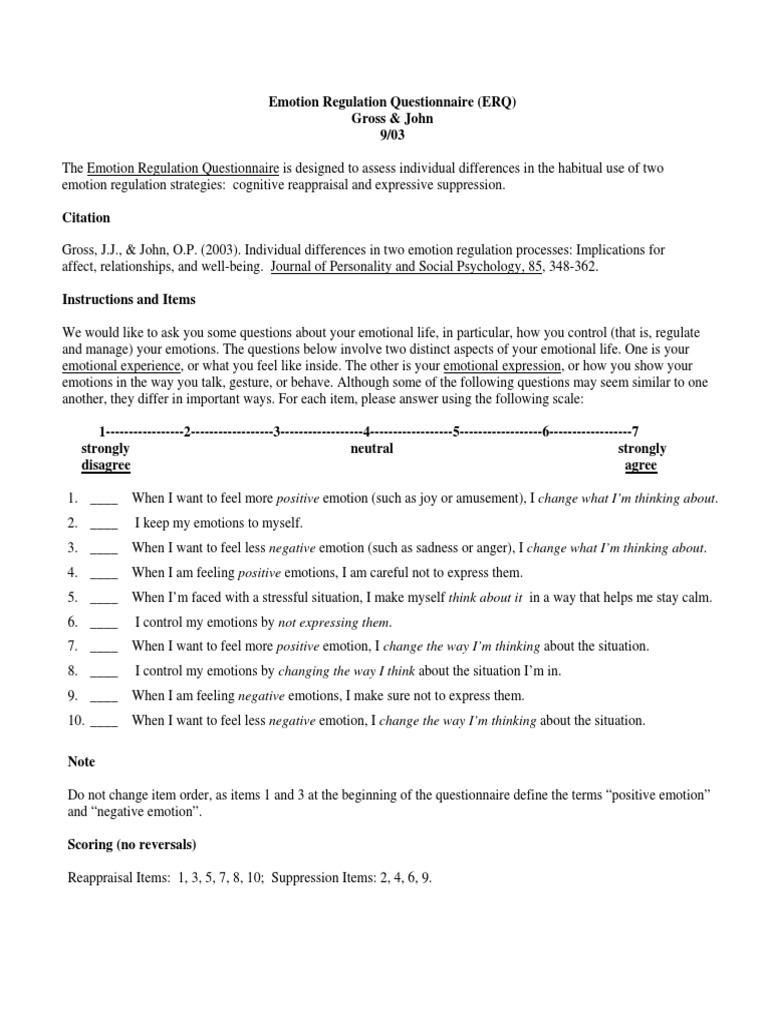 Emotion Regulation Questionnaire (Gross & John) | PDF
