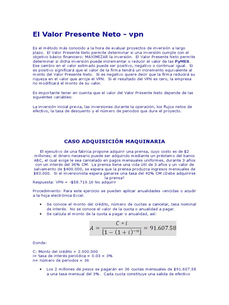 El Valor Presente Neto - Ejemplos | Valor presente neto | Tasa interna de retorno