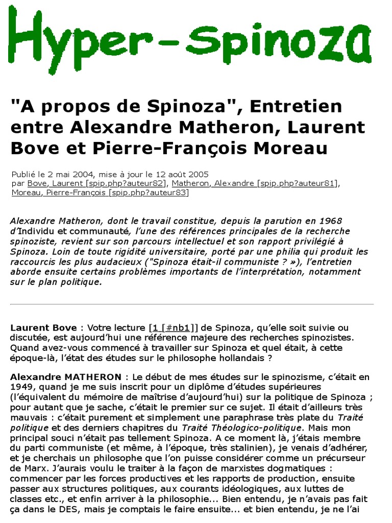 Hyper-Spinoza - "A Propos de Spinoza", Entretien Entre Alexandre ...