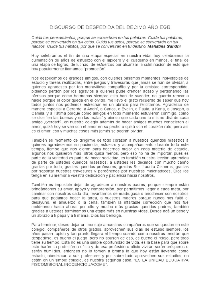 Discurso de Despedida Del Decimo Año Egb | PDF | Amor