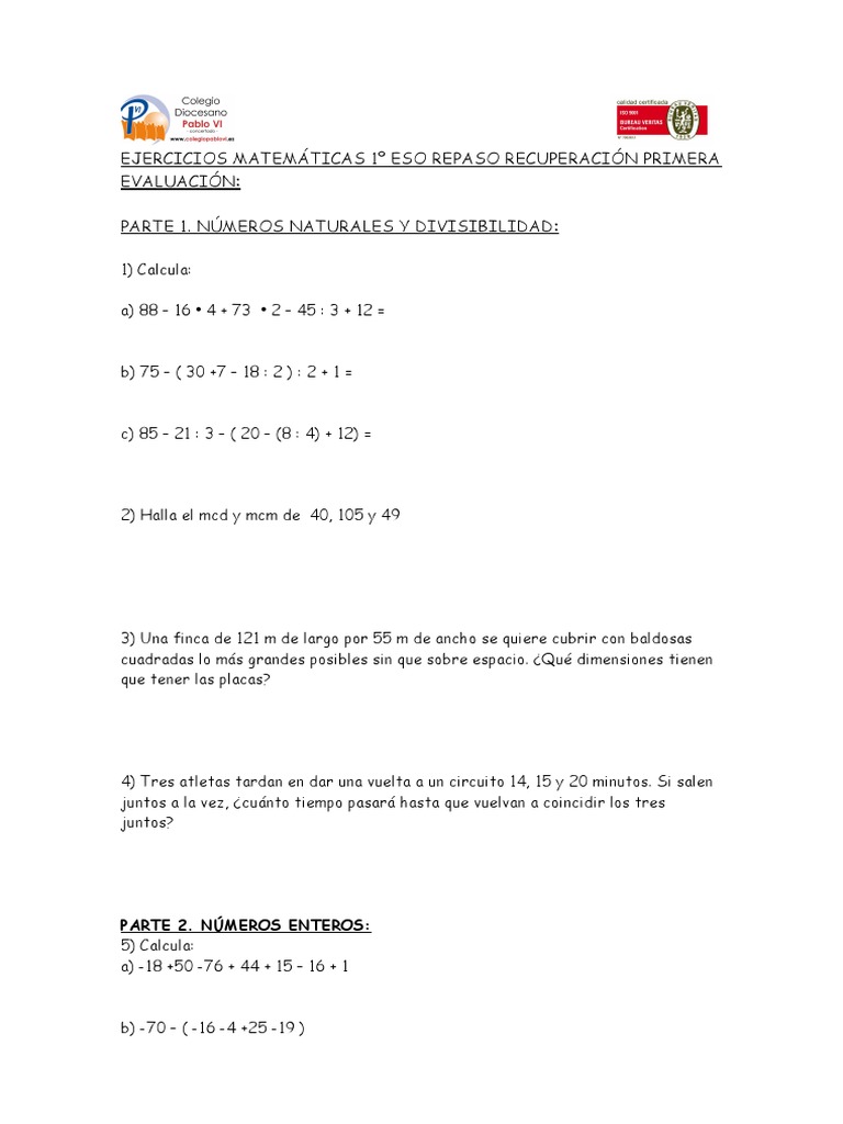 Ejercicios Matem 1º Eso Repaso Recup 1 Eval Con Soluciones | PDF Ejercicios Matem 1º Eso Repaso Recup 1 Eval Con Soluciones | PDF