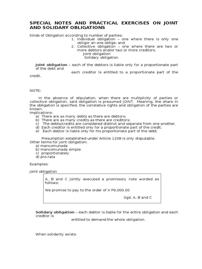 Special Notes and Practical Exercises On Joint and Solidary Obligations ...