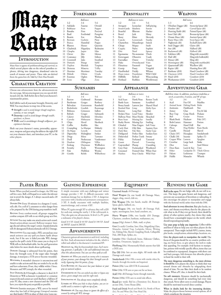Maze Rats RPG Character Creation Guide | PDF