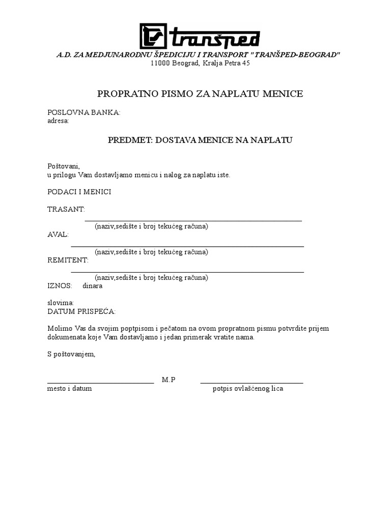 Potvrdno Pismo Za Menicu | PDF