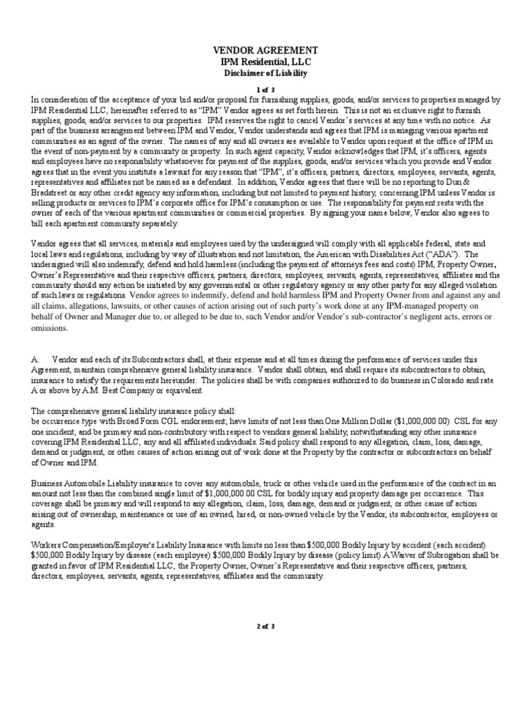 Vendor Agreement | PDF | Liability Insurance | Insurance