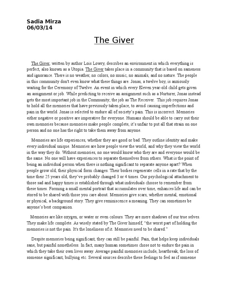 The Giver: Sadia Mirza 06/03/14 | PDF | The Giver | Memory