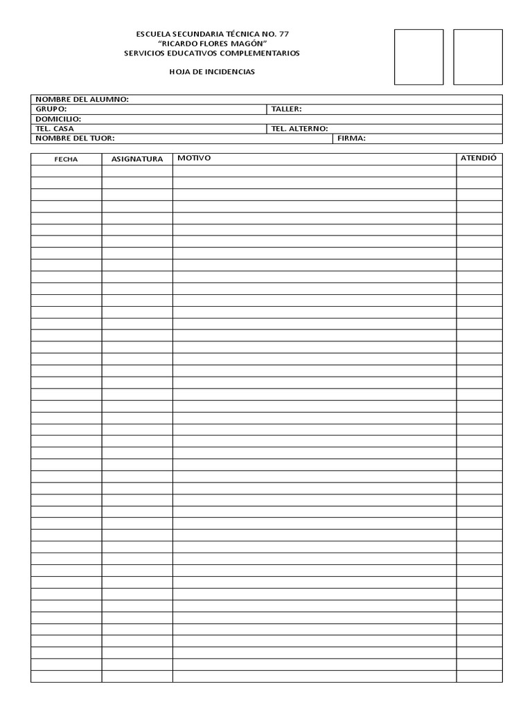 Hoja de Incidencias