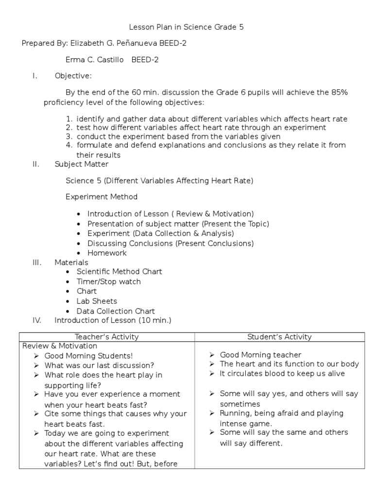 Grade 6 Science Lesson Plan: Heart Rate Experiment | PDF | Experiment ...