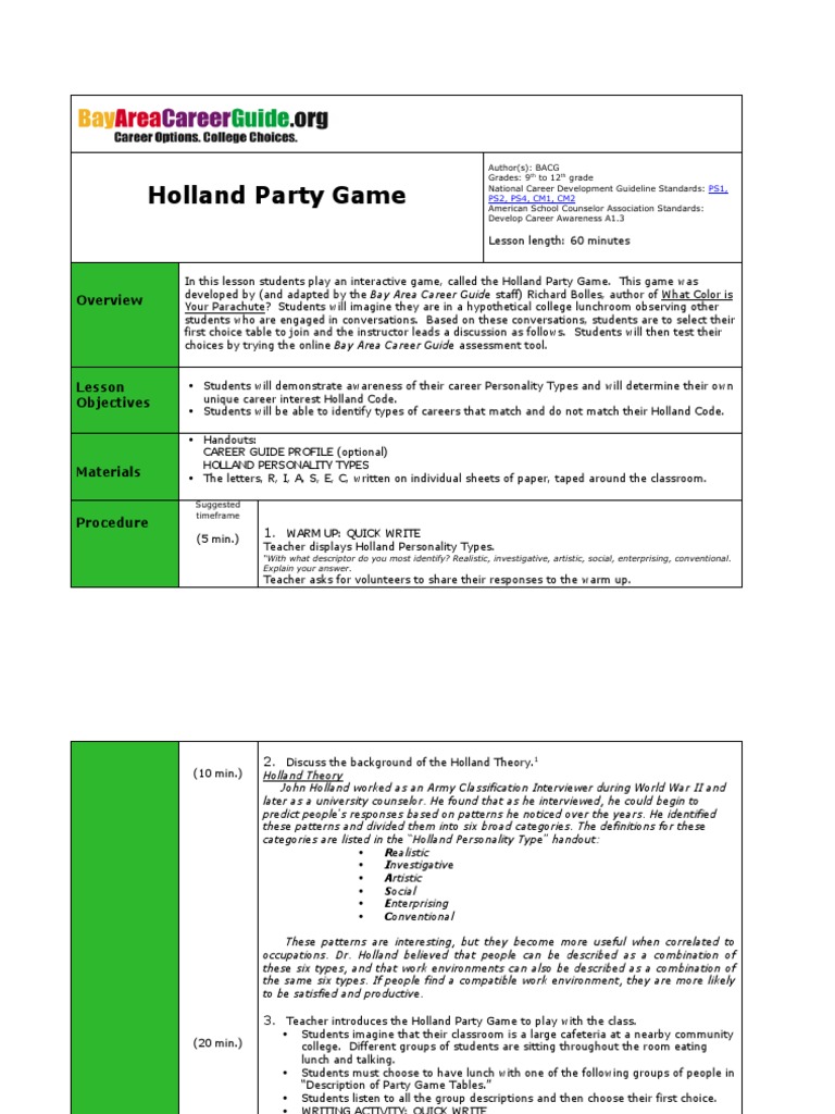 Holland Party Game for Career Exploration | PDF | Classroom | Cognitive ...