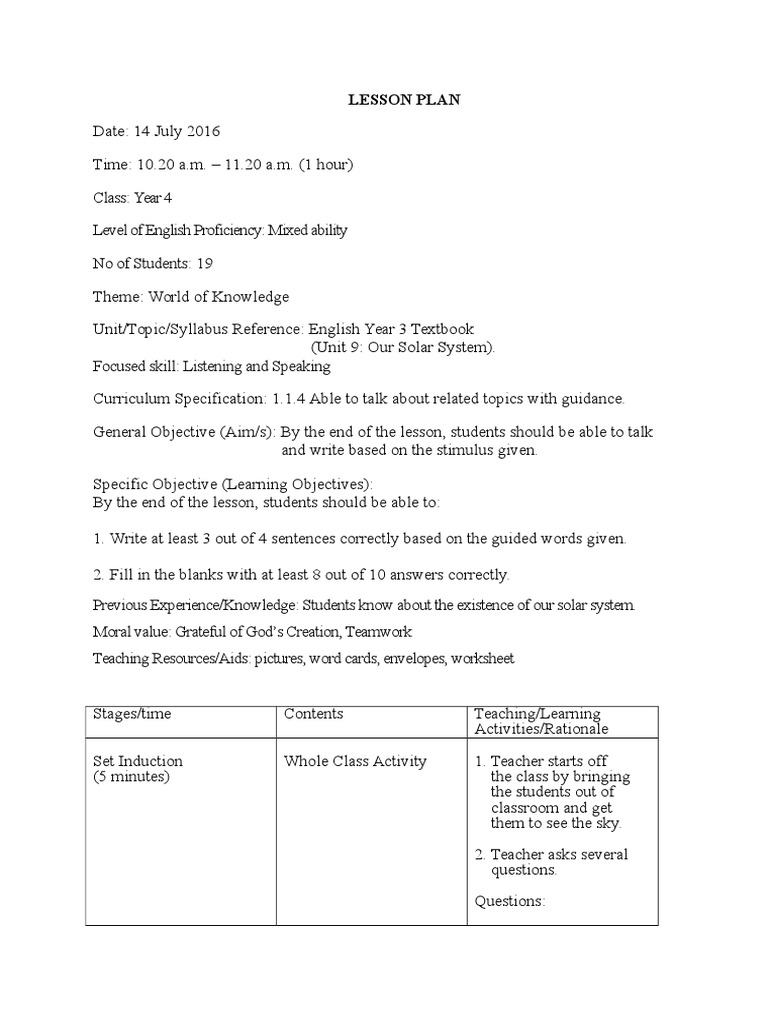 Year 4 Solar System Lesson Plan | PDF | Lesson Plan | Pedagogy