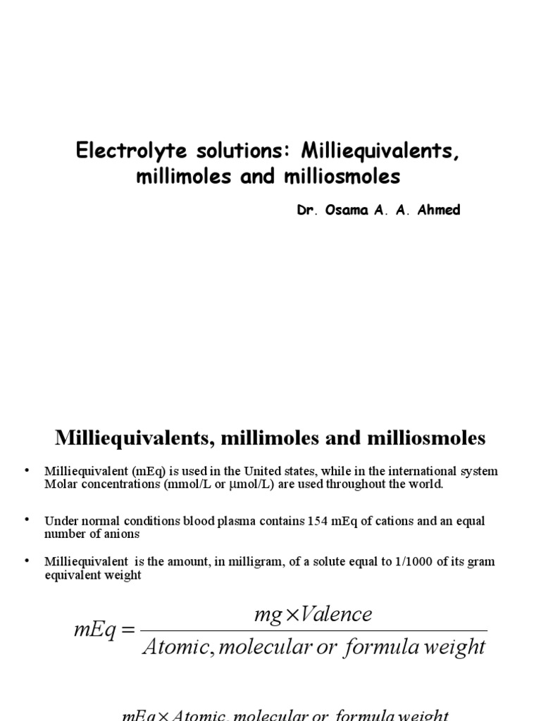 Millieq Millimoles 12 | PDF | Mole (Unit) | Electrolyte