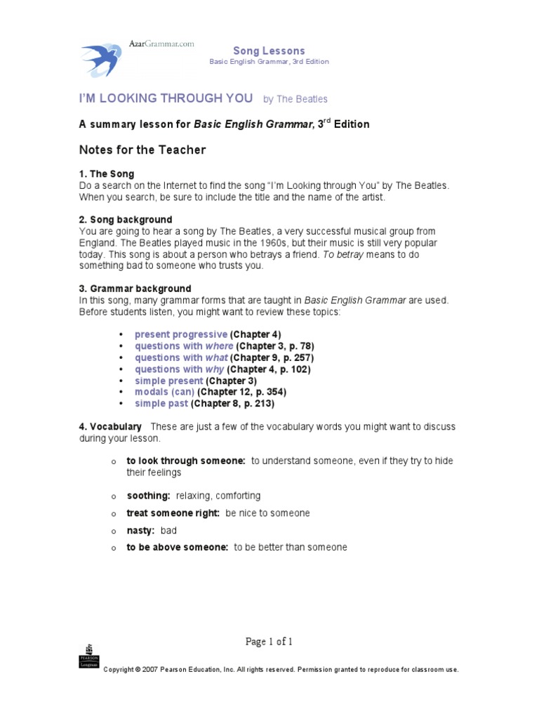 I'M Looking Through You: Notes For The Teacher | PDF
