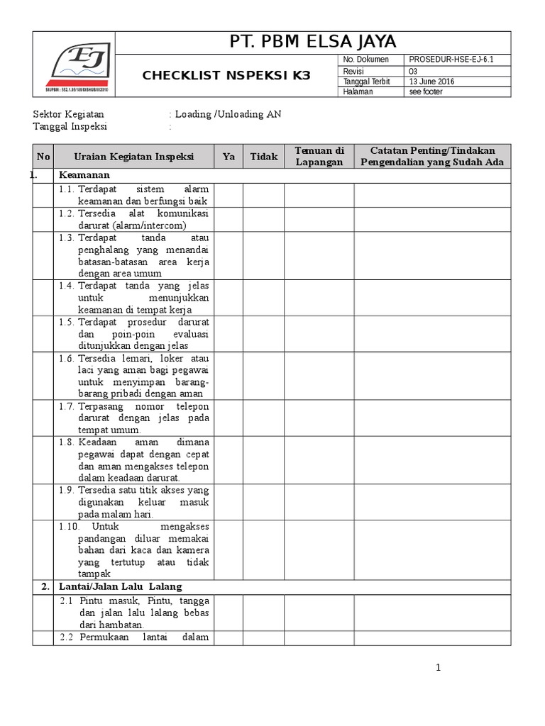 Checklist Inspeksi K3 (Portland) | PDF