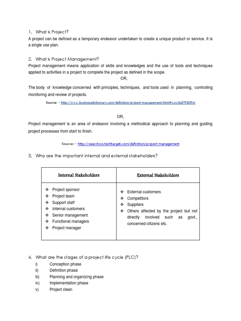 BBA VIVA Preparation (PROJECT MGT FINAL QUES SOLUTION FOR VIVA) PDF ...