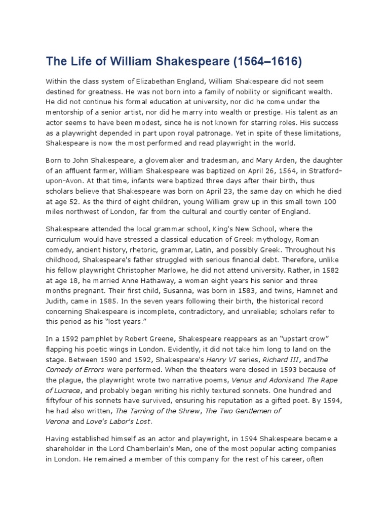 The Life of William Shakespeare | PDF | William Shakespeare | English ...