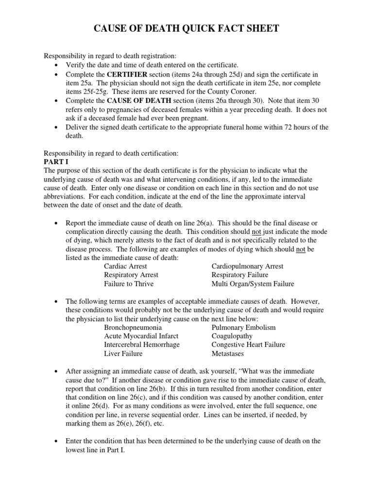 Cause of Death Quick Fact Sheet | PDF | Death Certificate | Death