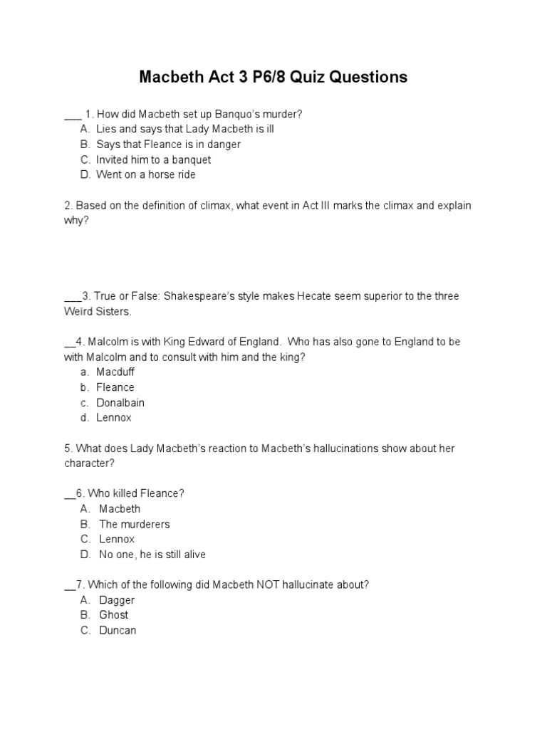 Macbeth Act 3 P6/8 Quiz Questions | PDF